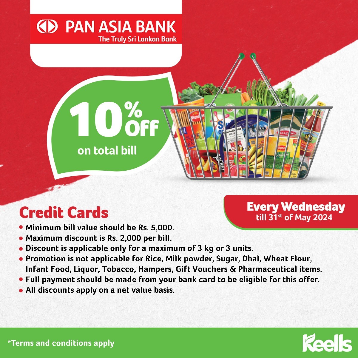 30% Discount on Total Bill at Keells for Pan Asia Credit Cards | offers.lk